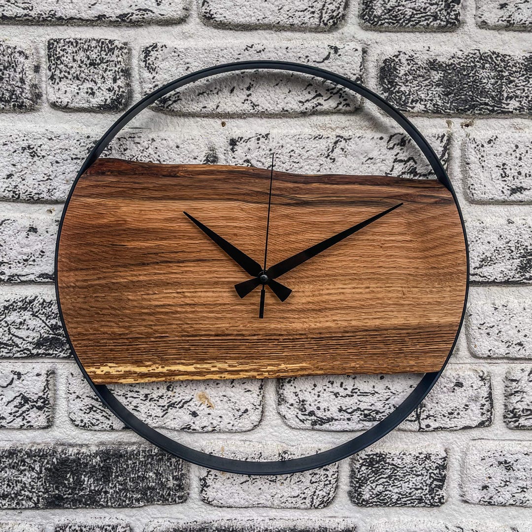 Farmhouse Oak Wood Wall Clock, Industrial Metal Hoop Clock, Handmade ...