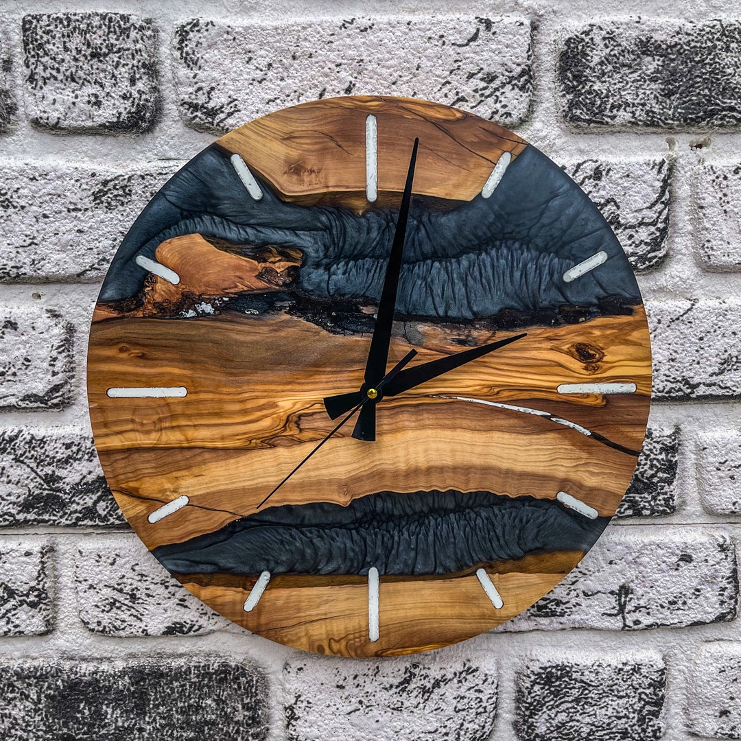 Handcrafted Olive Wood and Black Epoxy Resin Wall Clock, Modern Home ...