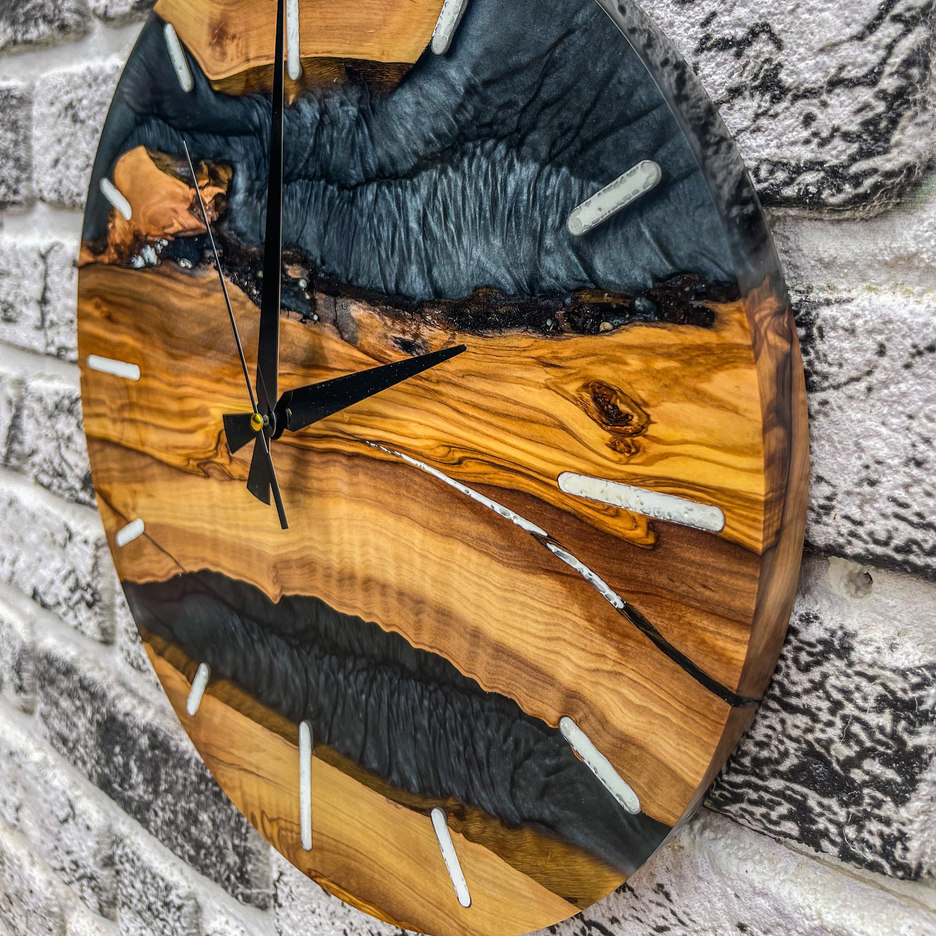 Handcrafted Olive Wood Wall Clock With Black Epoxy Resin, Modern Decor ...