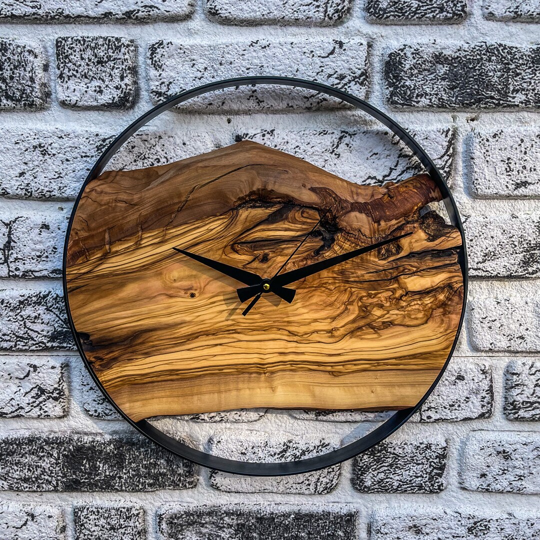 Olive Wood and Black Metal Hoop Wall Clock, Elegant and Modern Design ...