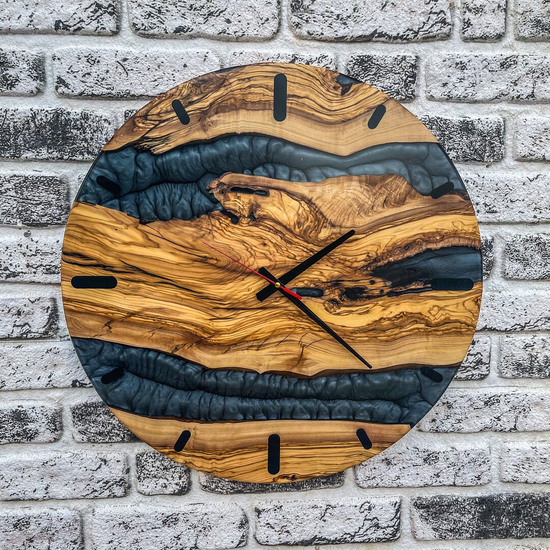 Epoxy Wall Clock With Black Olive Wood - Stylish and Unique, Black ...