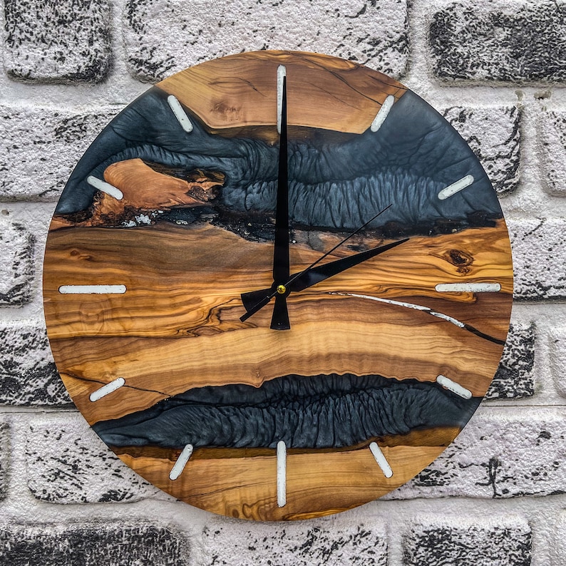Handcrafted Olive Wood and Black Epoxy Resin Wall Clock, Modern Home ...
