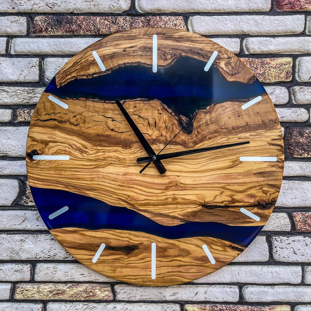 Navy Blue Epoxy Olive Wood Wall Clock, Handmade Modern Rustic Wall Art ...
