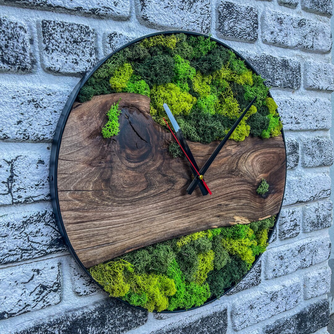 Natural Moss and Walnut Wood Wall Clock, Moss Wall Clock, Handmade ...
