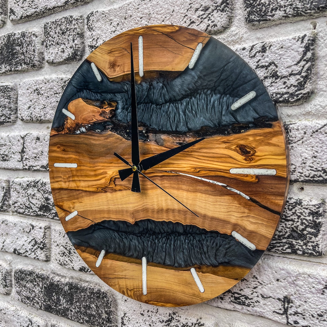 Handcrafted Olive Wood and Black Epoxy Resin Wall Clock, Modern Home ...