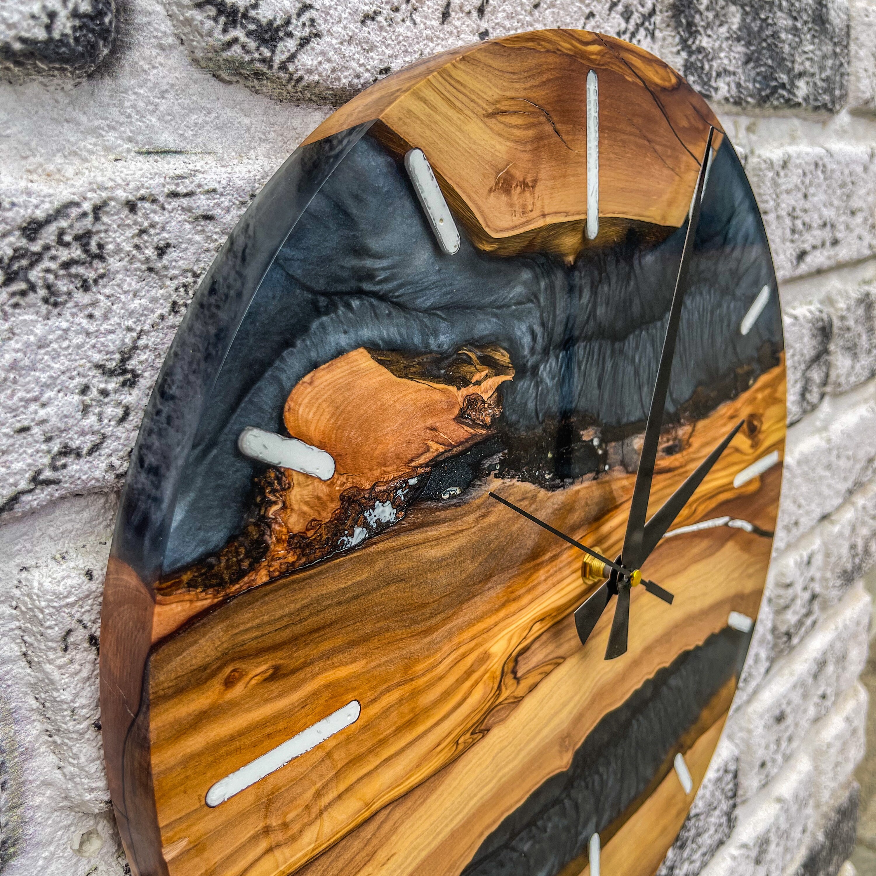 Handcrafted Olive Wood Wall Clock With Black Epoxy Resin, Modern Decor ...