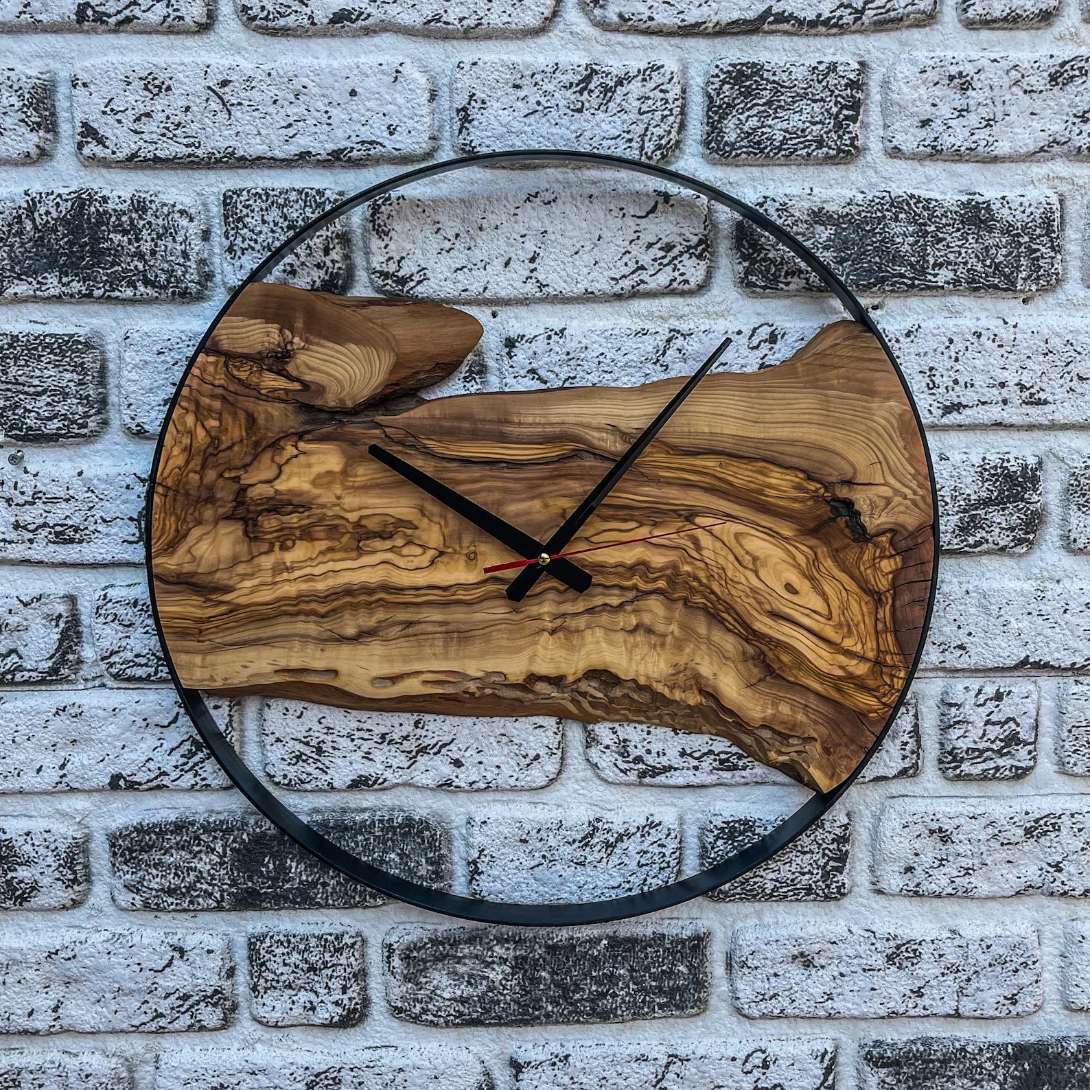 Handmade Olive Wood and Iron Wall Clock, Unique Natural Wood Design ...