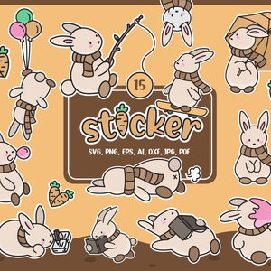 15 Cute Rabbit Sticker Bundle Printable PNG & SVG Stickers Digital ...