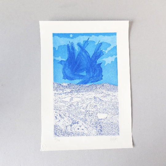 Intaglio Engraving, Etching on Copper, flight of Blue Doves Over the ...