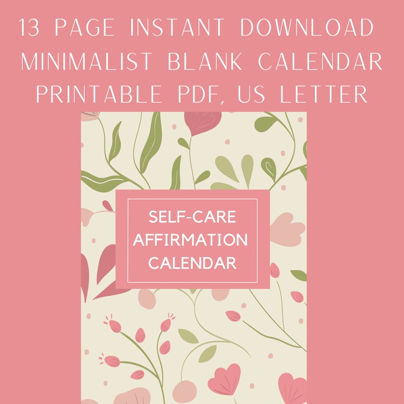 Printable Calendar, Affirmation Calendar, 12 Month Calendar, Minimalist ...