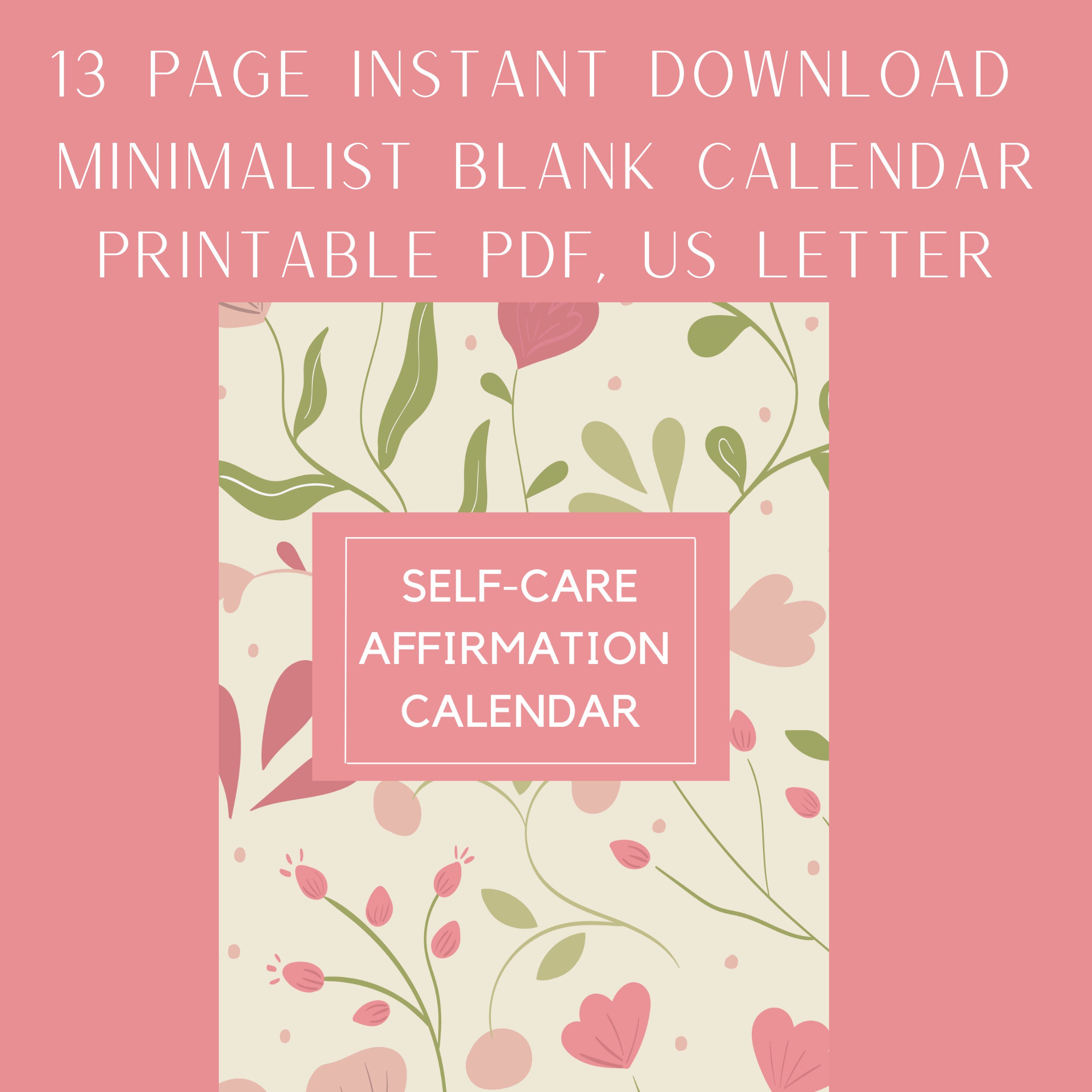 Printable Calendar, Affirmation Calendar, 12 Month Calendar, Minimalist ...