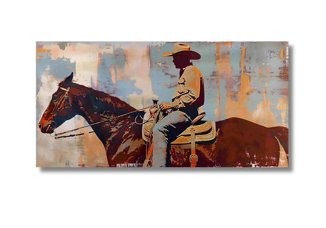 Cowboy on Horseback Canvas Wall Art, Textured Background, Modern Cowboy ...