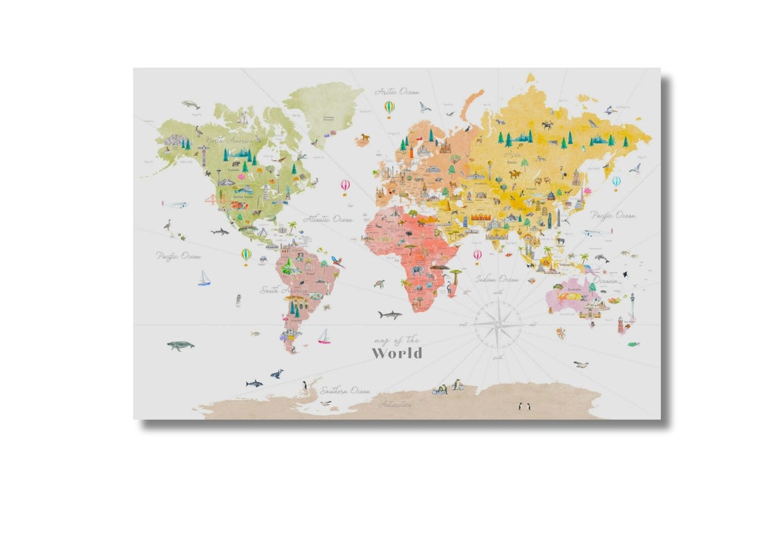 World Map With Animals,animal Map Art Print,continent Animals ...