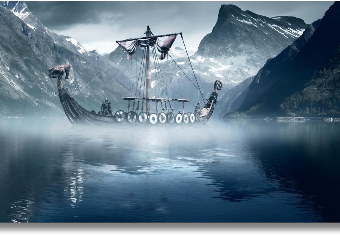 Vikings Ship Canvas Art,viking Ship in Misty Fjord With Snow Capped ...