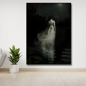 Vintage Moonlit Waterside Stroll Decor, Woman in Moonlight, Oil ...