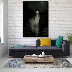 Vintage Moonlit Waterside Stroll Decor, Woman in Moonlight, Oil ...