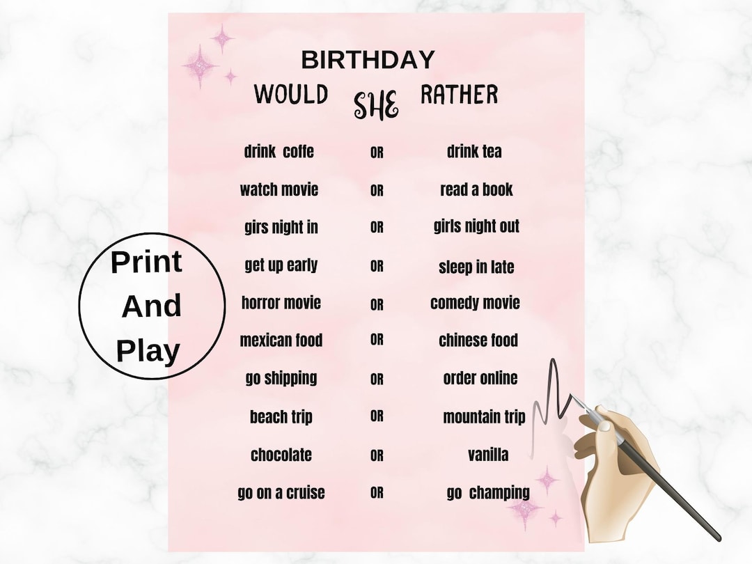 Would She Rather, Birthday Questionnaire Activity, Printable Birthday ...