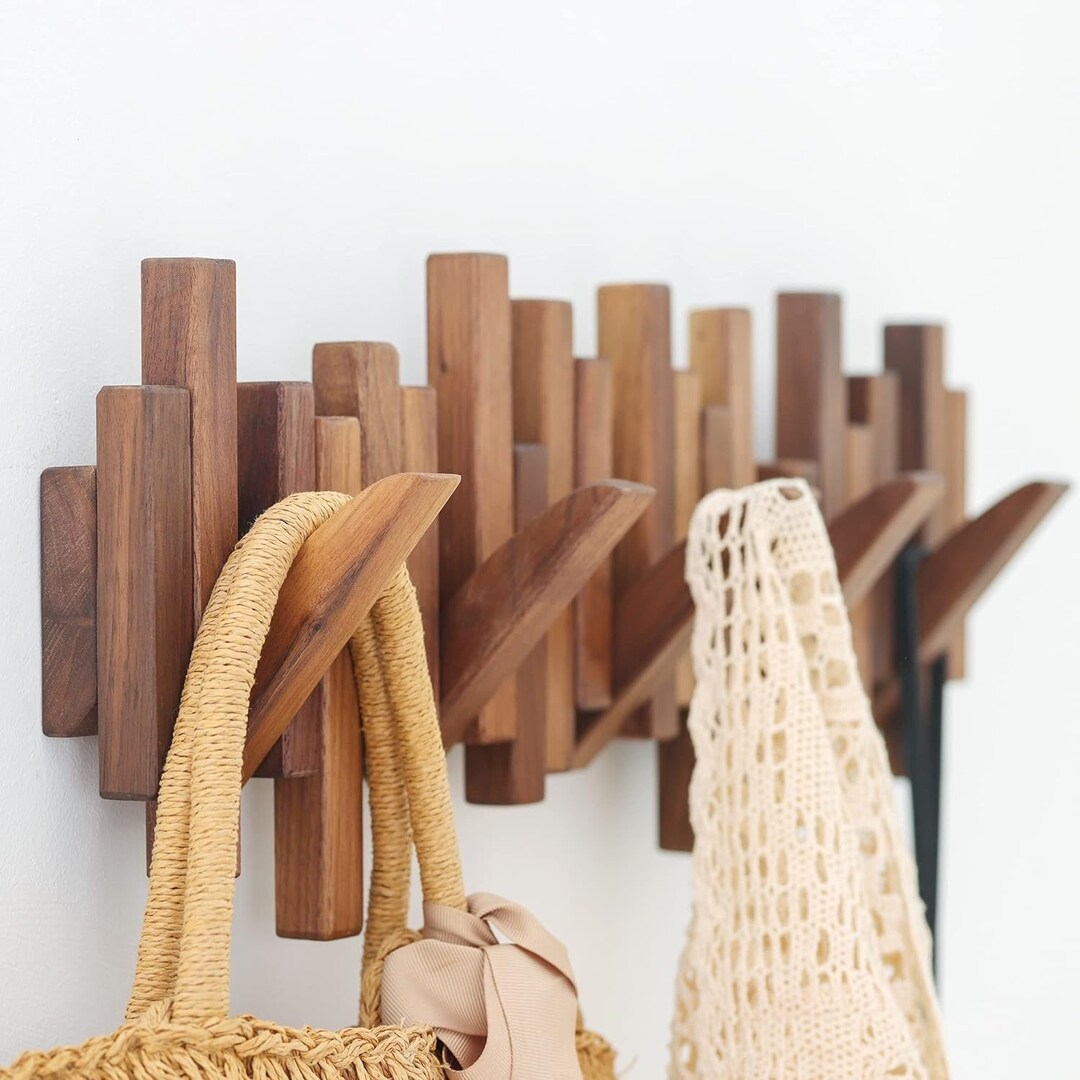Wooden Coat Rack Wall Mounted Sticks Multi Rack Solid Handmade Natural ...