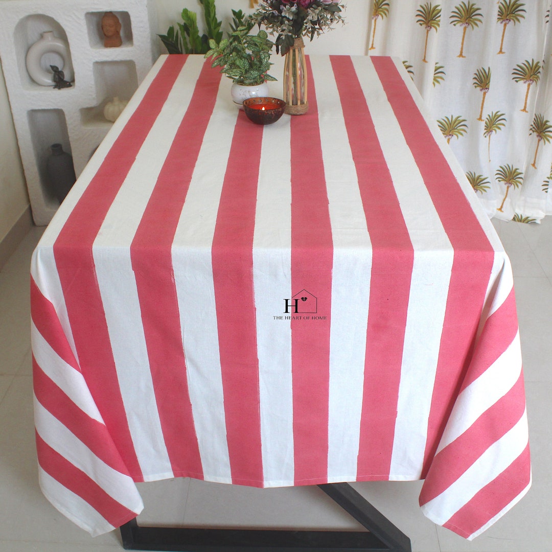 Hand-block Rosy Pink Stripe Cotton Tablecloth: Waterproof Farmhouse ...