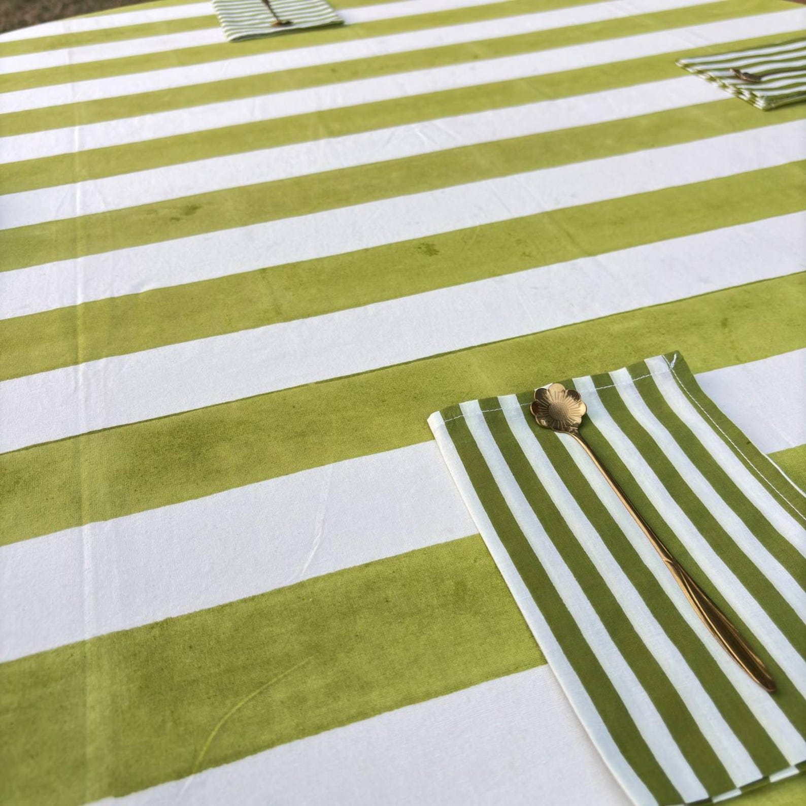 Light Green Stripe Table Cloth for Round Table Hand Block Printed ...