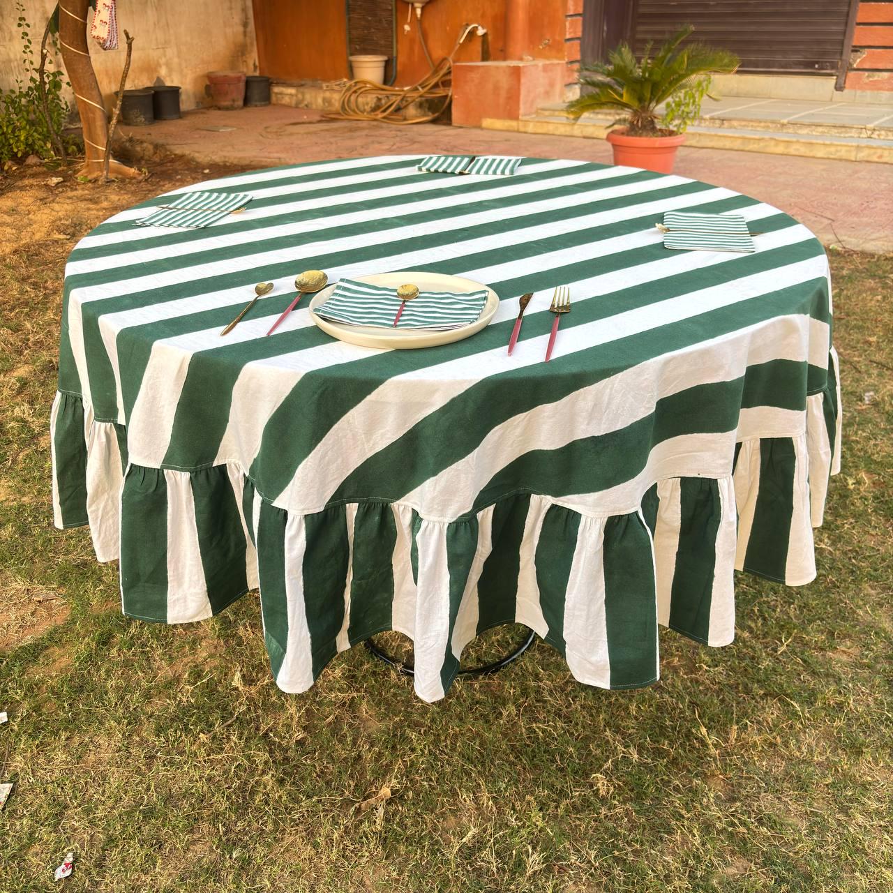 Dark Green Stripe Table Cloth for Round Table Hand Block Printed ...