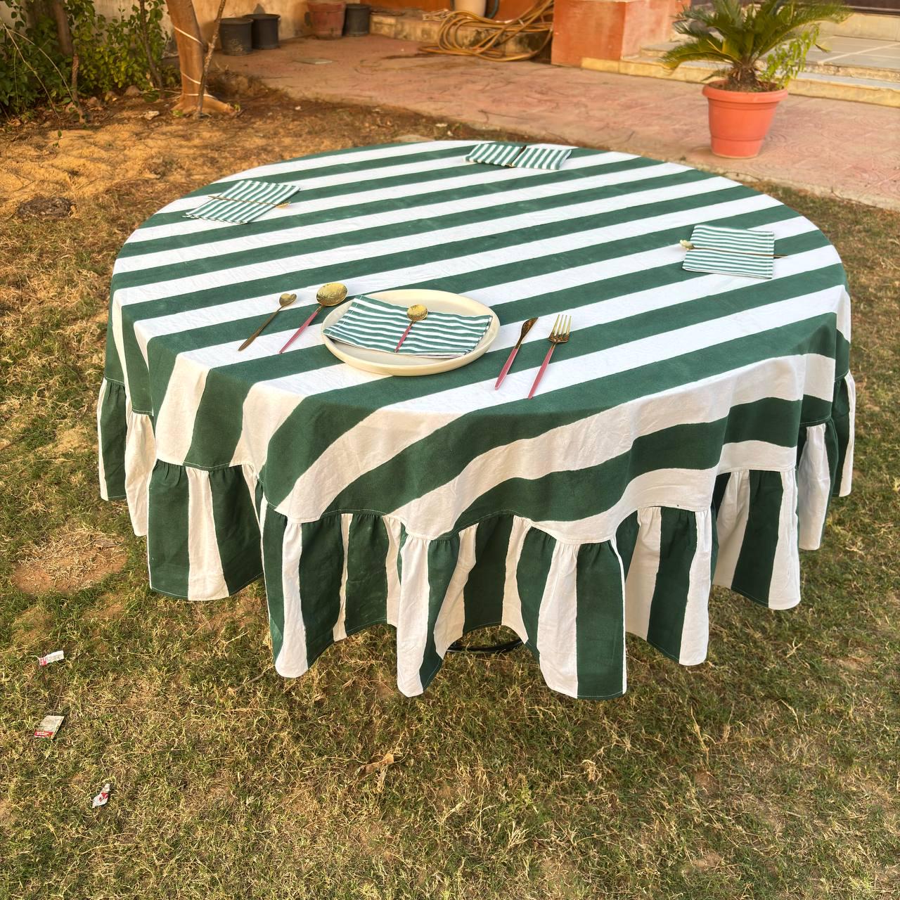 Dark Green Stripe Table Cloth for Round Table Hand Block Printed ...