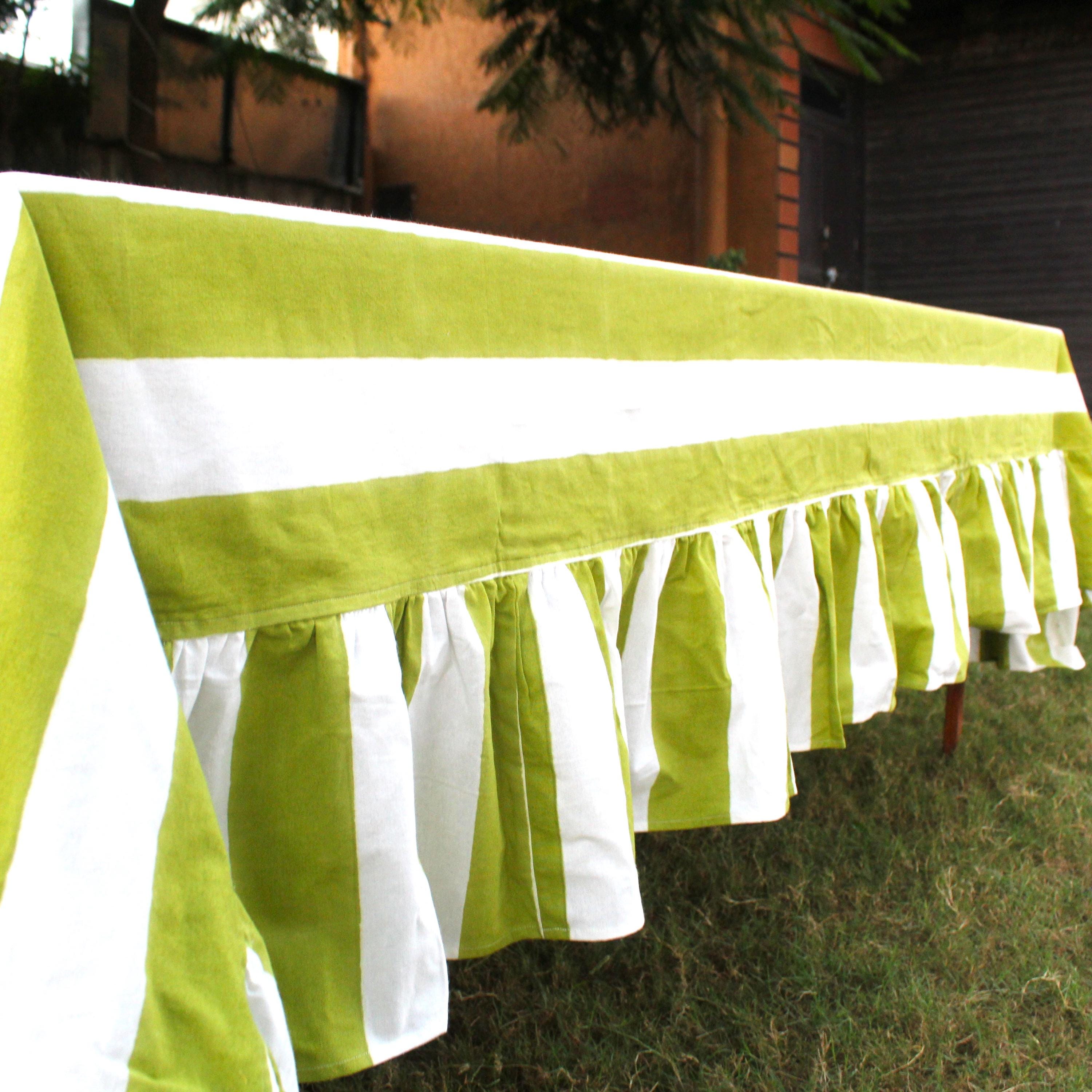 Light Green Stripe Table Cloth Ruffle for Table Decoration and ...