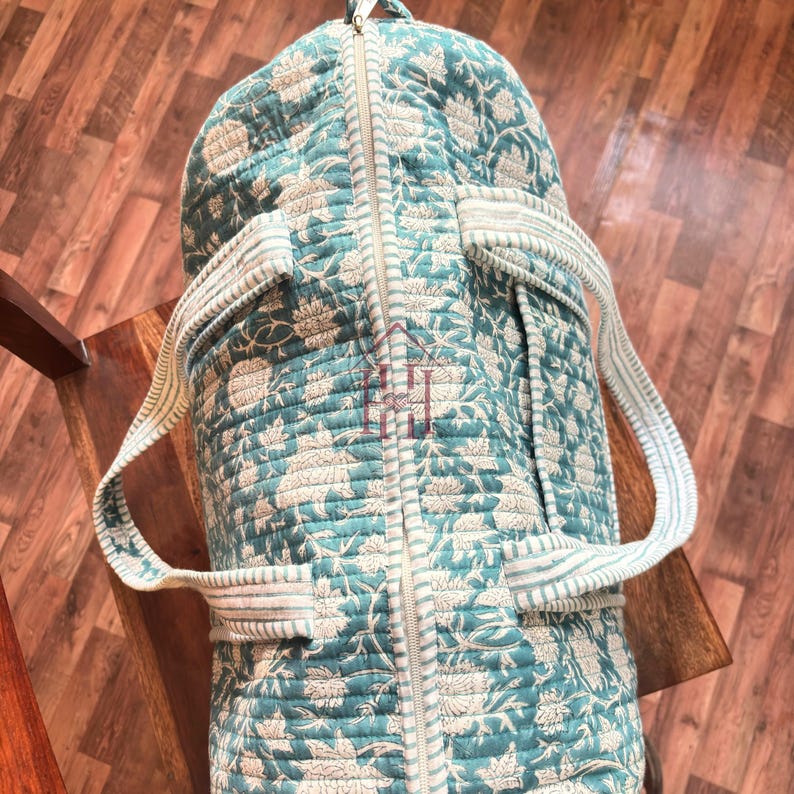 Large Sea Blue Cotton Quilted Duffle Bags Block Print Gifts Handmade ...