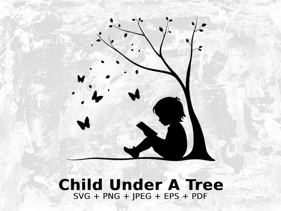 Child Under a Tree Reading a Book SVG - Kid Under Tree Silhouette ...