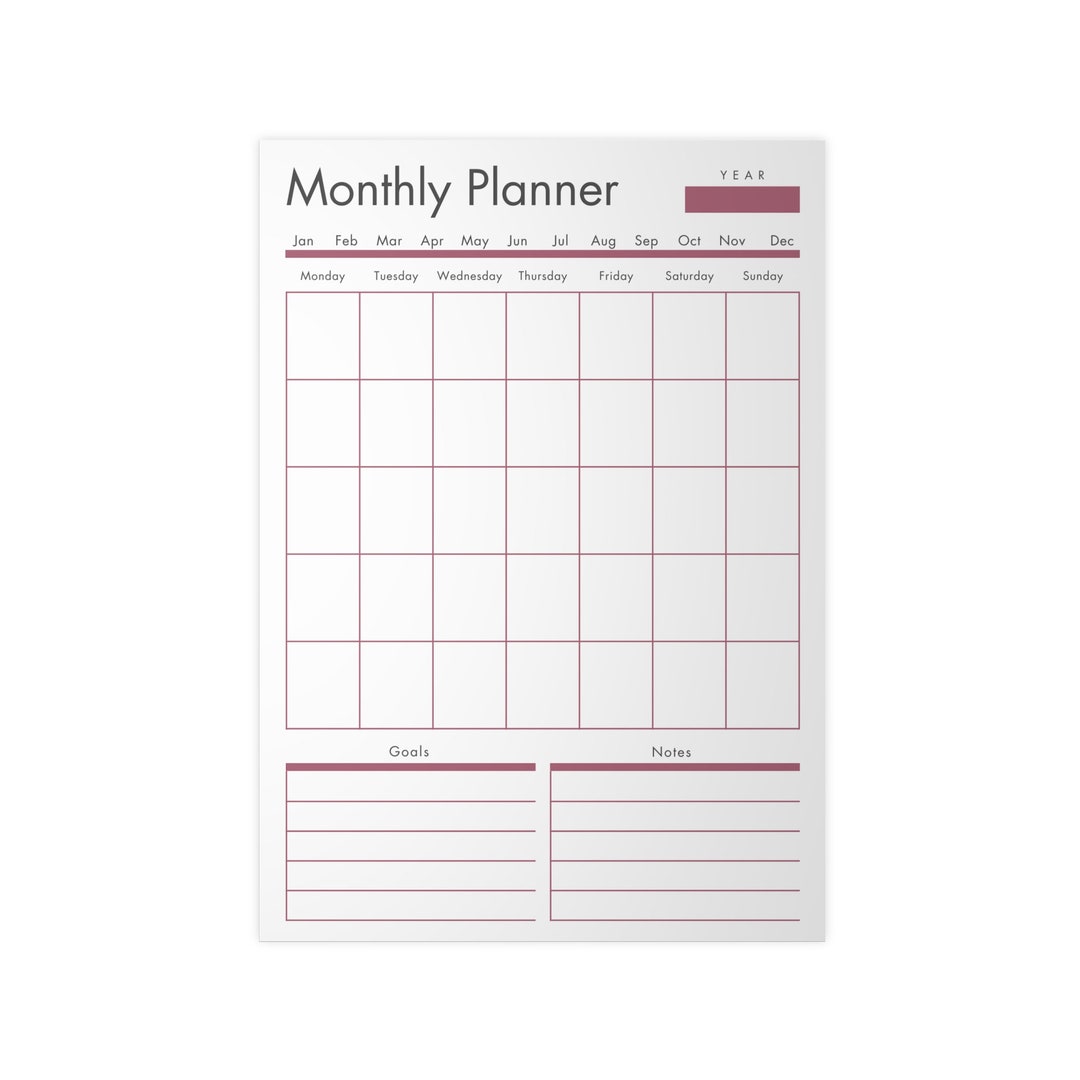 Monthly Planner, A4 Planner Page, Instant Download, Monthly Goals Notes ...