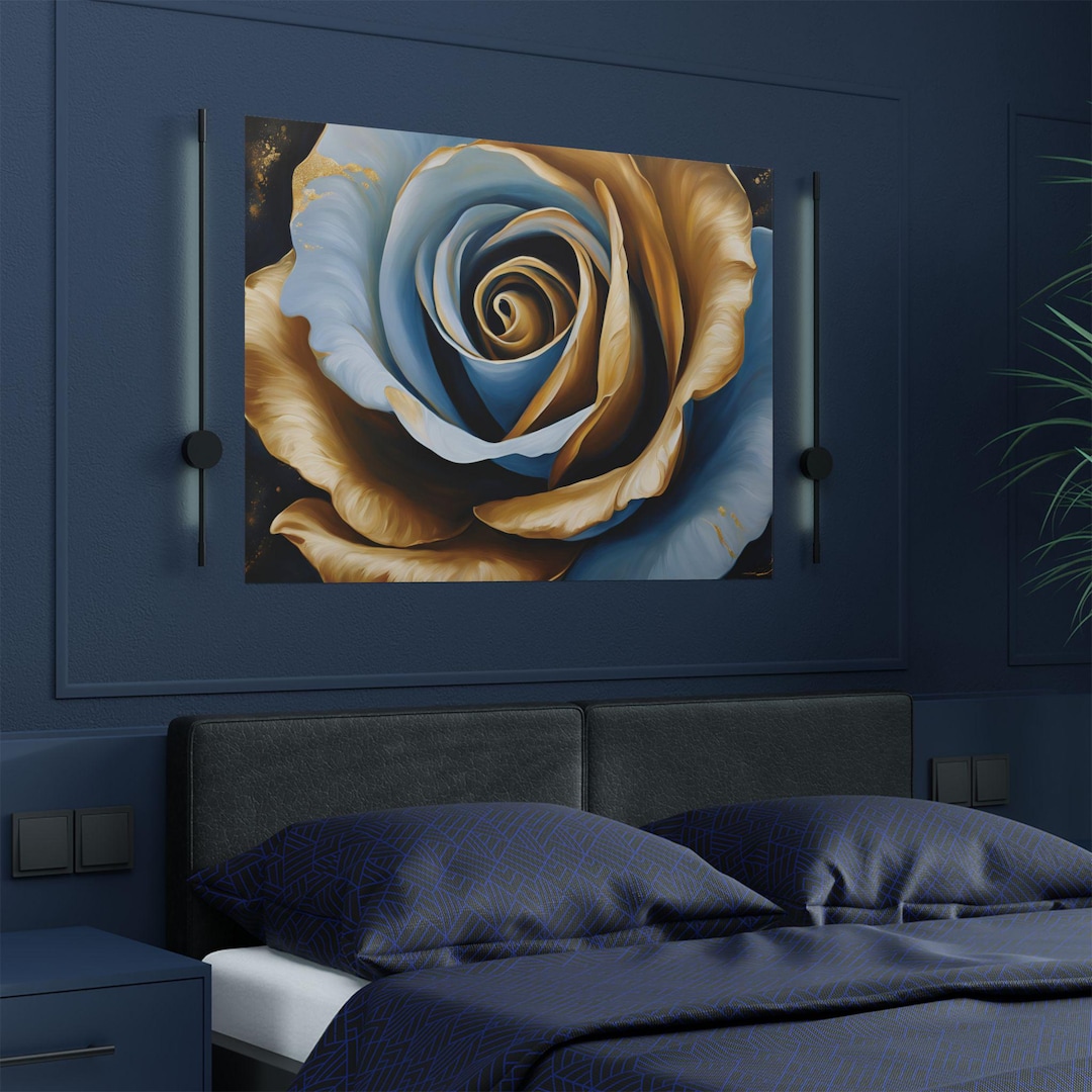 Gold Blue Rose Art, Blue Decor Wall Art, Golden Rose Print, 5 Sizes Inc ...