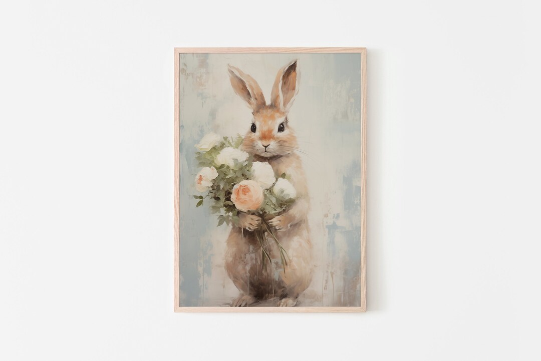 Bouquet Bunny Spring Art Print Rabbit Vintage Printable Wall Art Easter ...