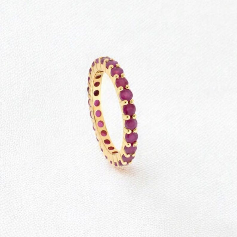 14k Ruby Ring, Solid Gold Ruby Wedding Band for Women, Minimalist Gemstone Ring, Full Eternity ...