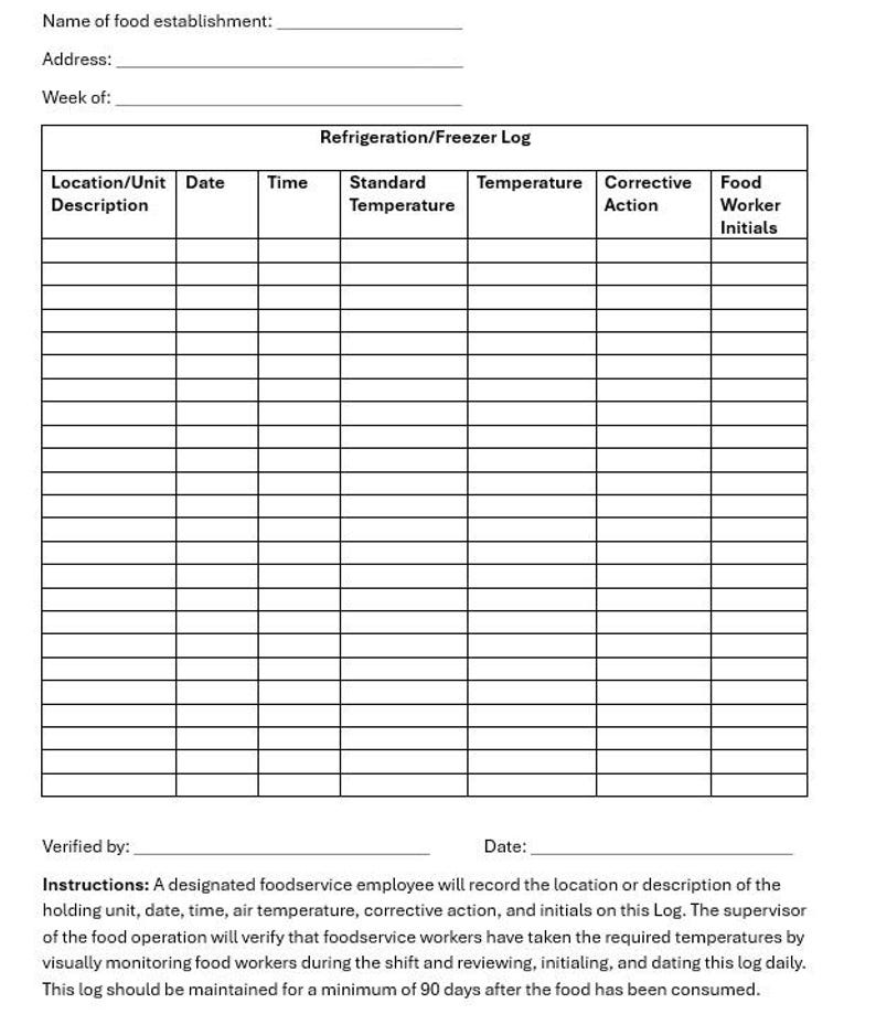 Refrigeration/freezer Log - Etsy