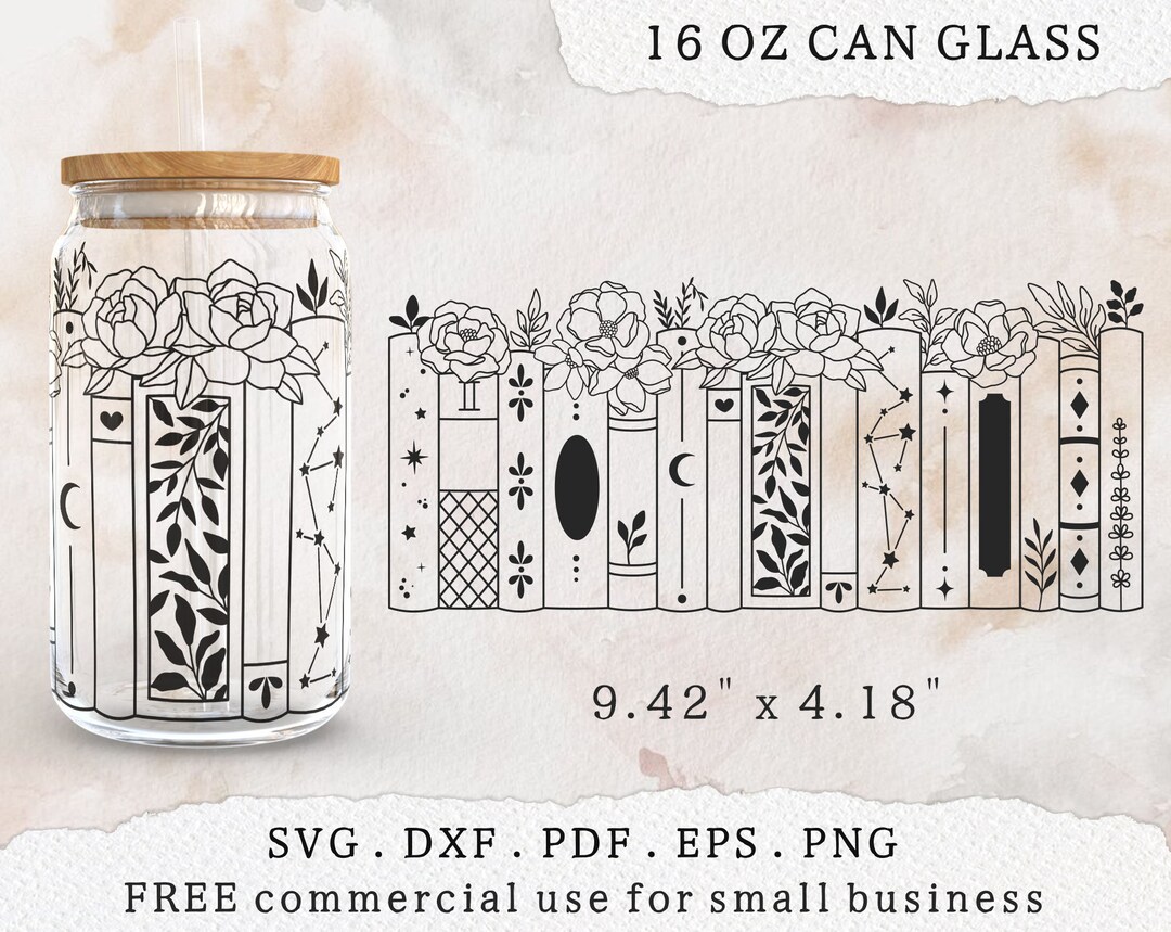 Floral Books Svg, Bookshelf Can Glass Wrap Svg, Celestial Books With ...