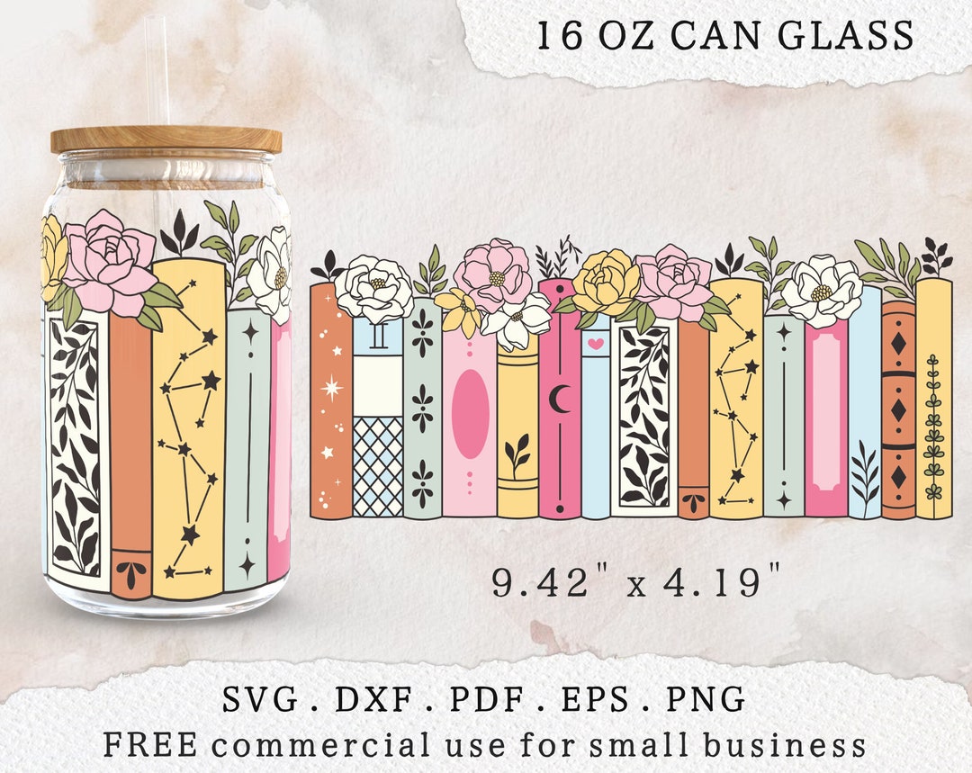 Floral Books Svg, Bookshelf Can Glass Wrap Svg, Celestial Books With ...