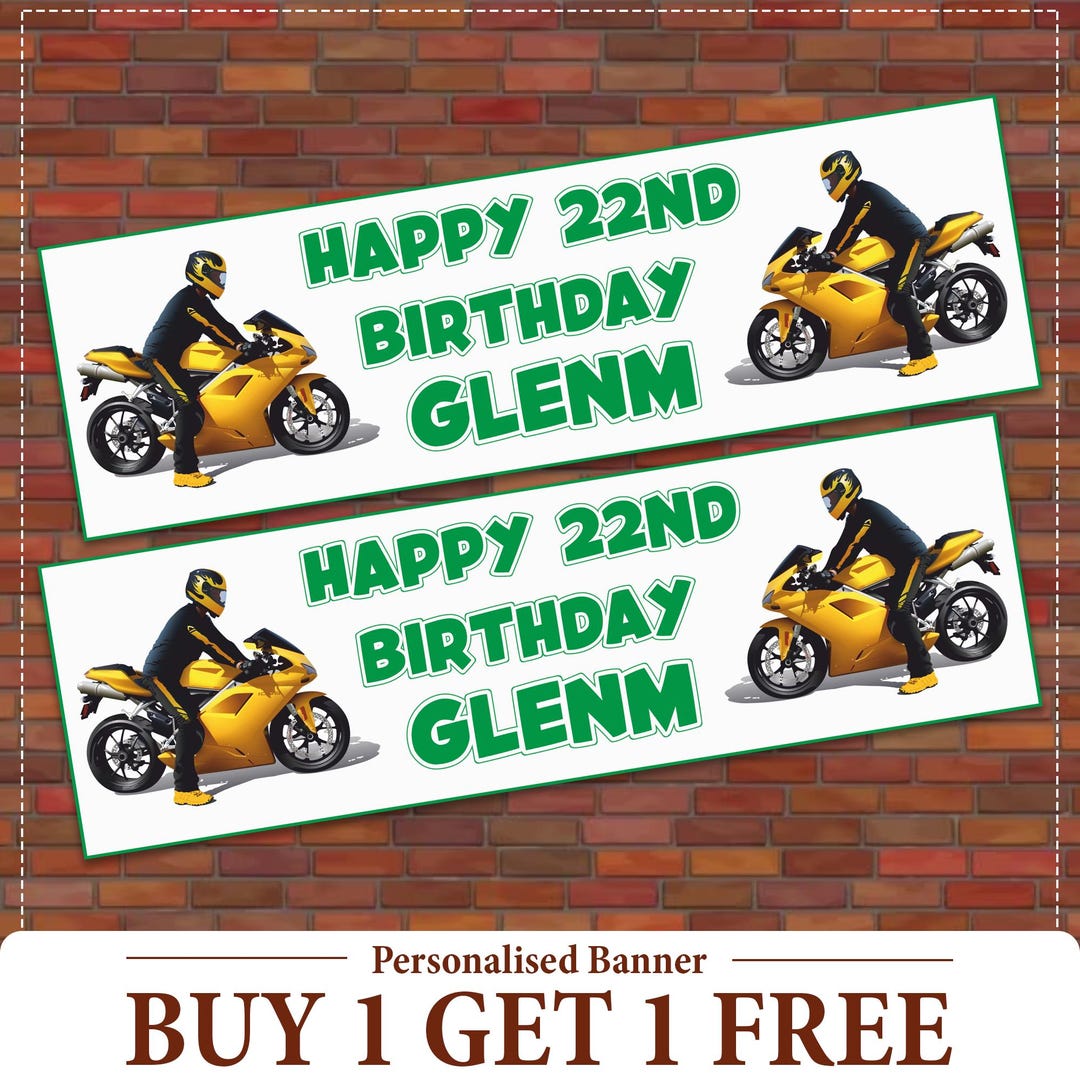 2x Personalised Biker Birthday Banner Custom Name Age Motorcycle Theme ...