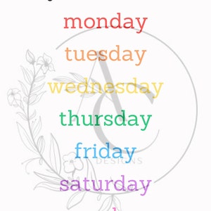 Printable Learning Poster, Days of the Week, Numbers, Colours, Weather ...