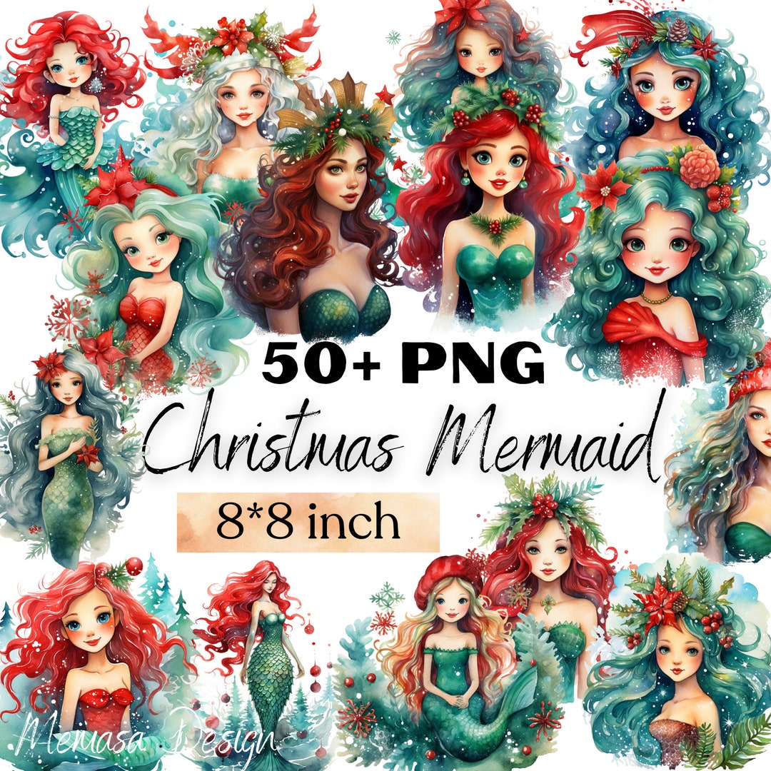Watercolor Christmas Mermaid Clipart, Underwater Animals, Christmas ...