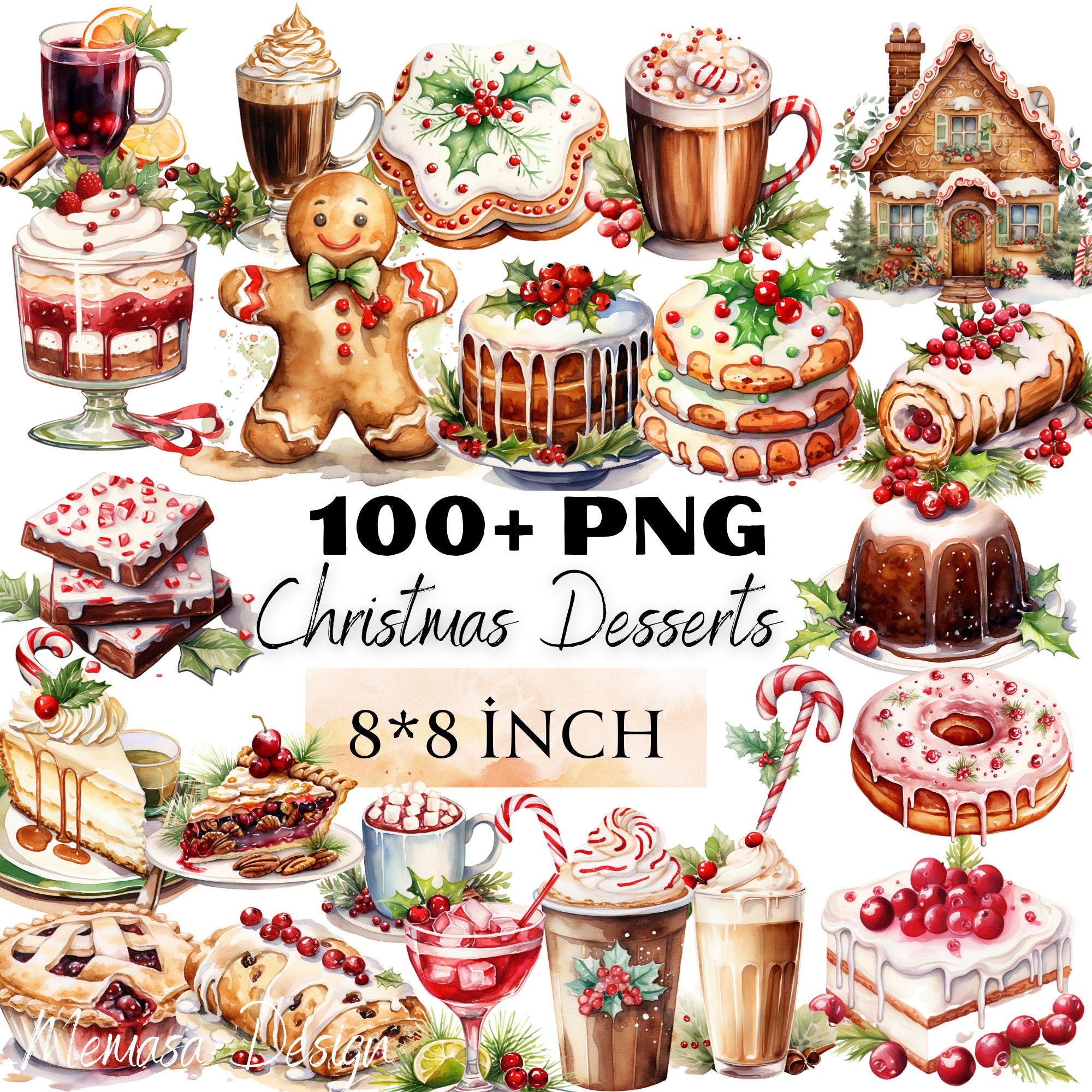 Christmas Desserts Watercolor Clipart Bundle, PNG Festive Treat Images ...