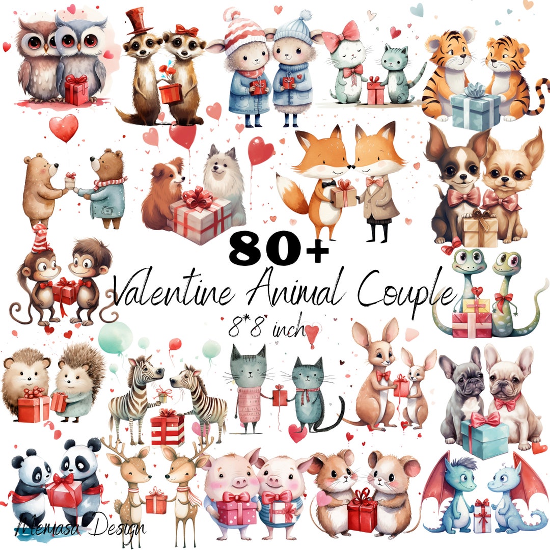 Watercolor Animal Couple Clipart, +80 PNG Valentines Day Clipart ...