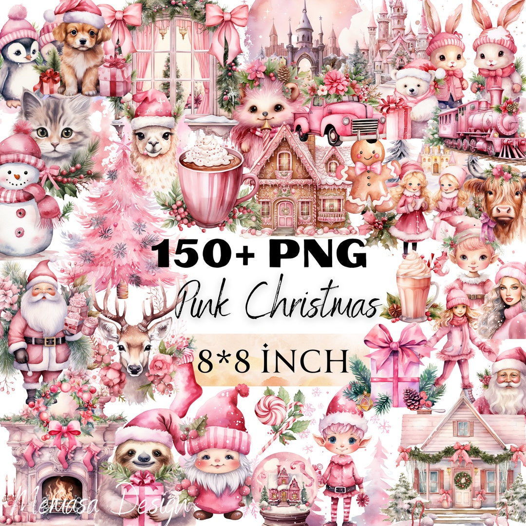 Pink Christmas Clipart, Pink Winter, Peppermint, Santa, Elf, Holidays ...