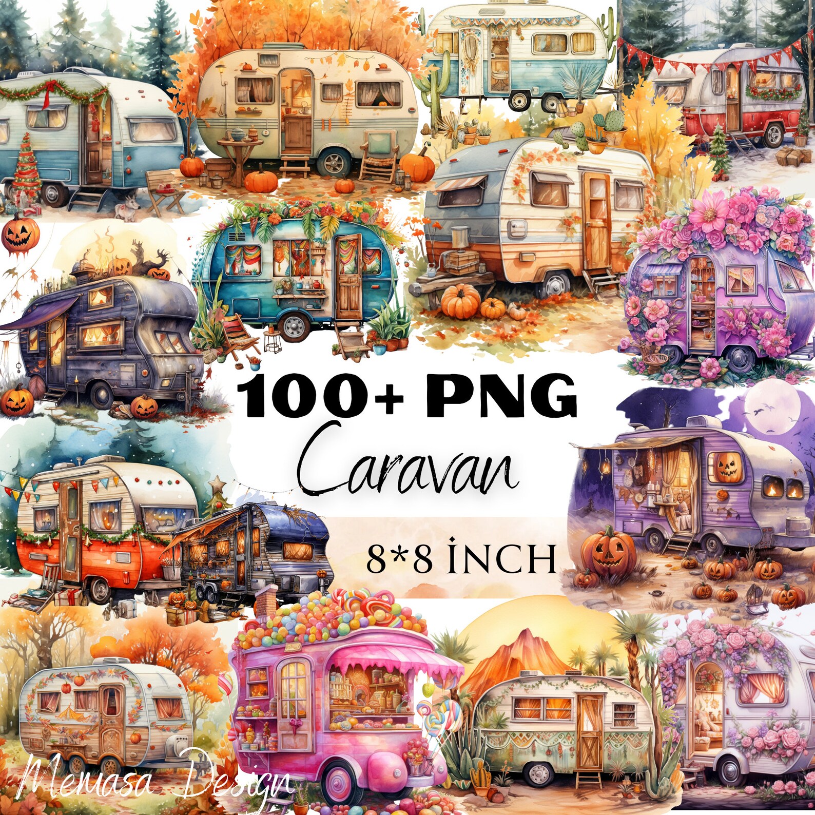 Watercolor Boho Caravan Clipart Bundle, Watercolor Christmas Caravan ...