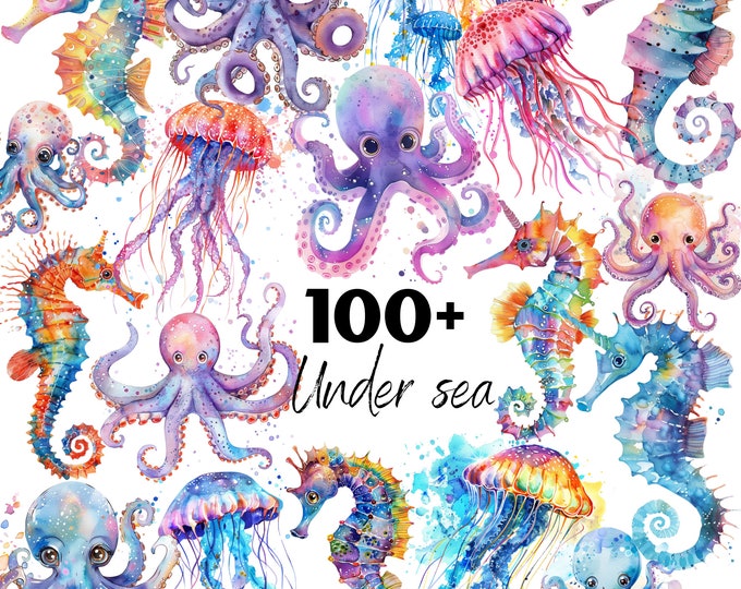 Watercolor Octopus Clipart Set of 34 PNG Files, Sea Animals Clipart ...
