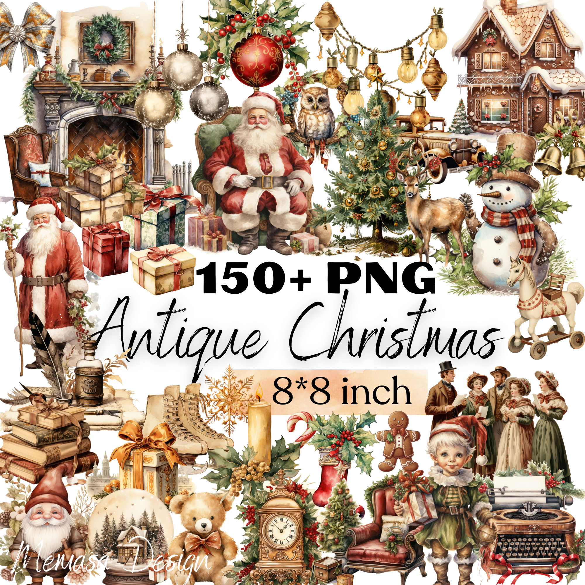 Christmas Antiques Watercolor Clipart Bundle, Vintage Holiday Old Decor ...