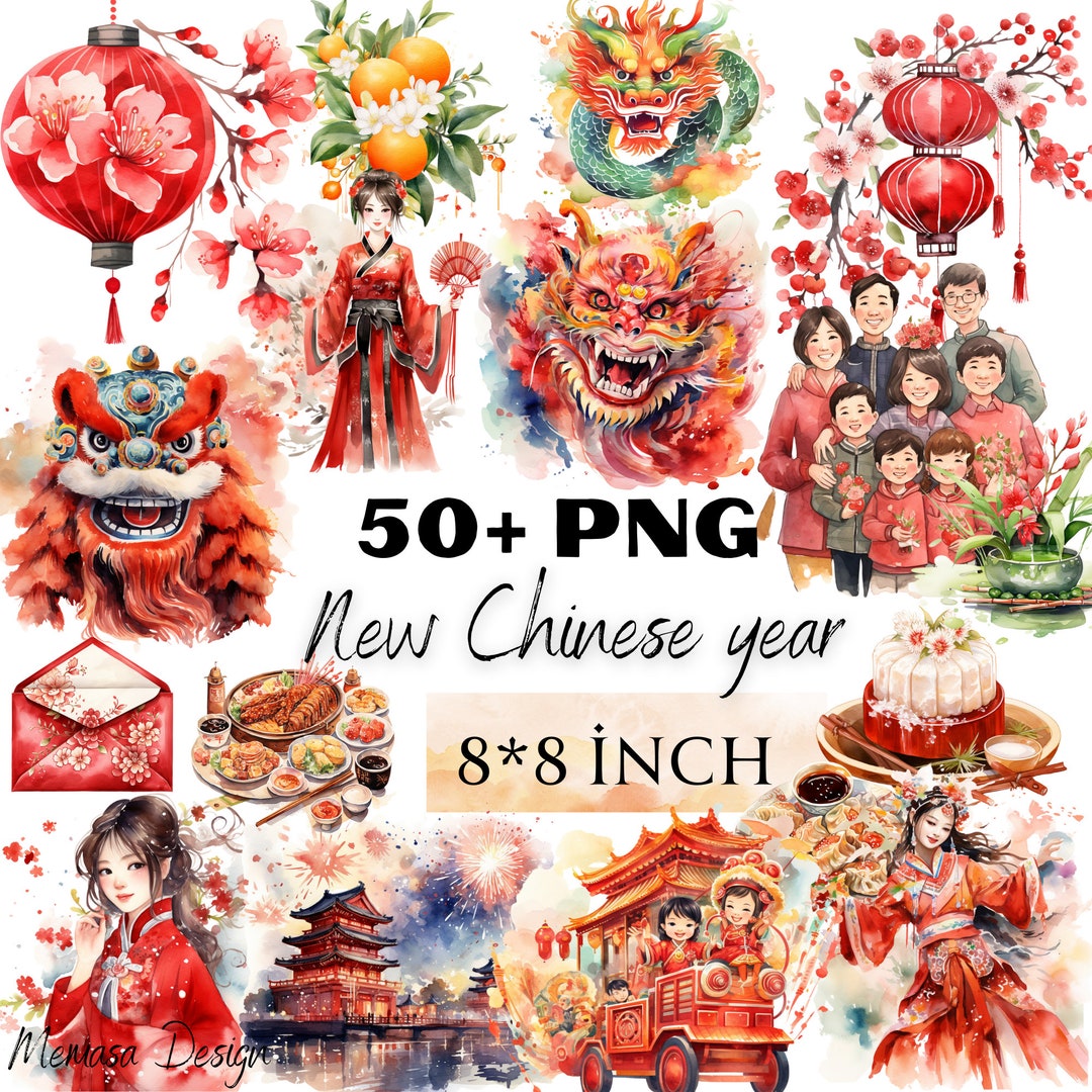 Chinese New Year Watercolor Clipart Bundle Festive Celebration Images ...