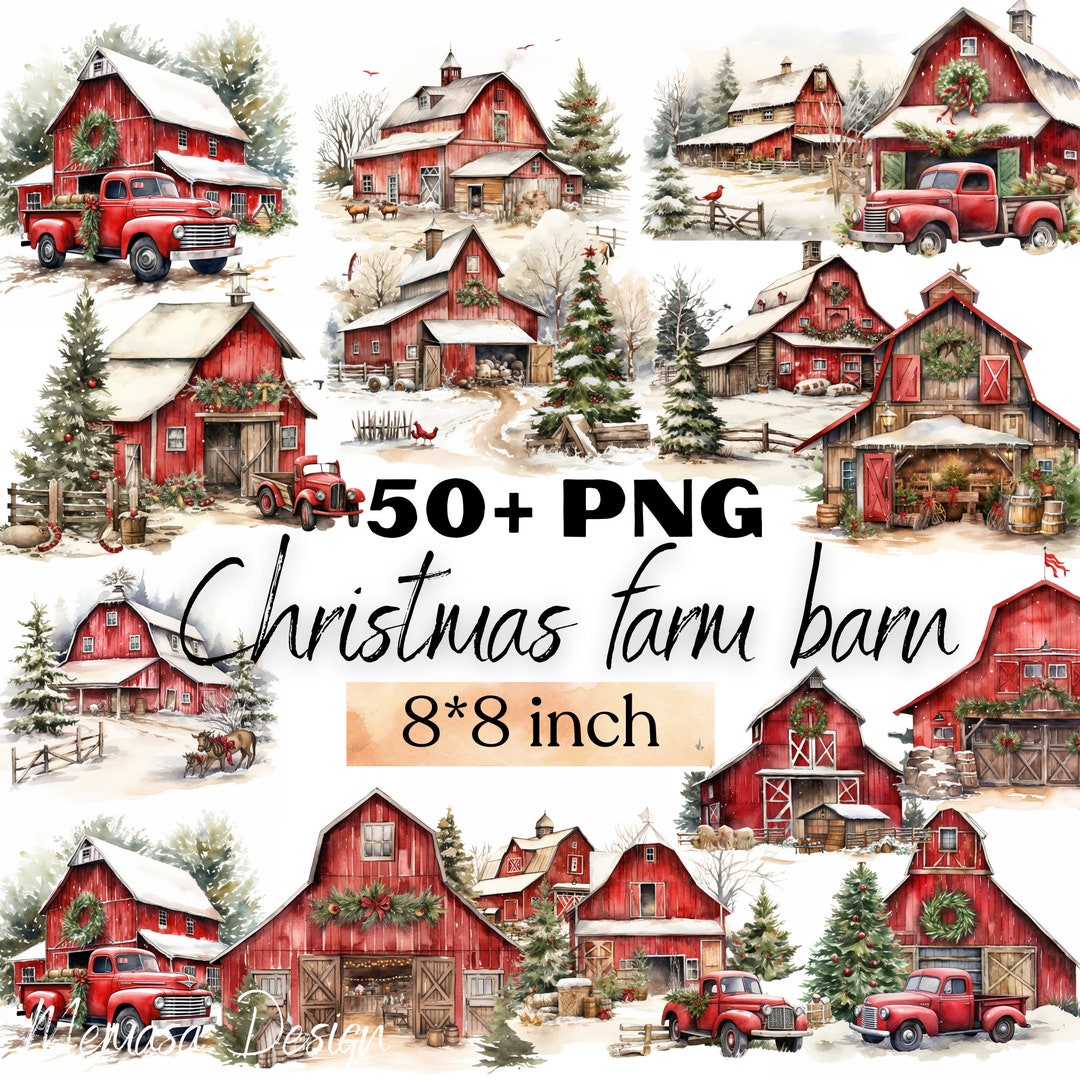 Country Red Barn Christmas Tree Clipart Watercolor Digital Paper Bundle ...