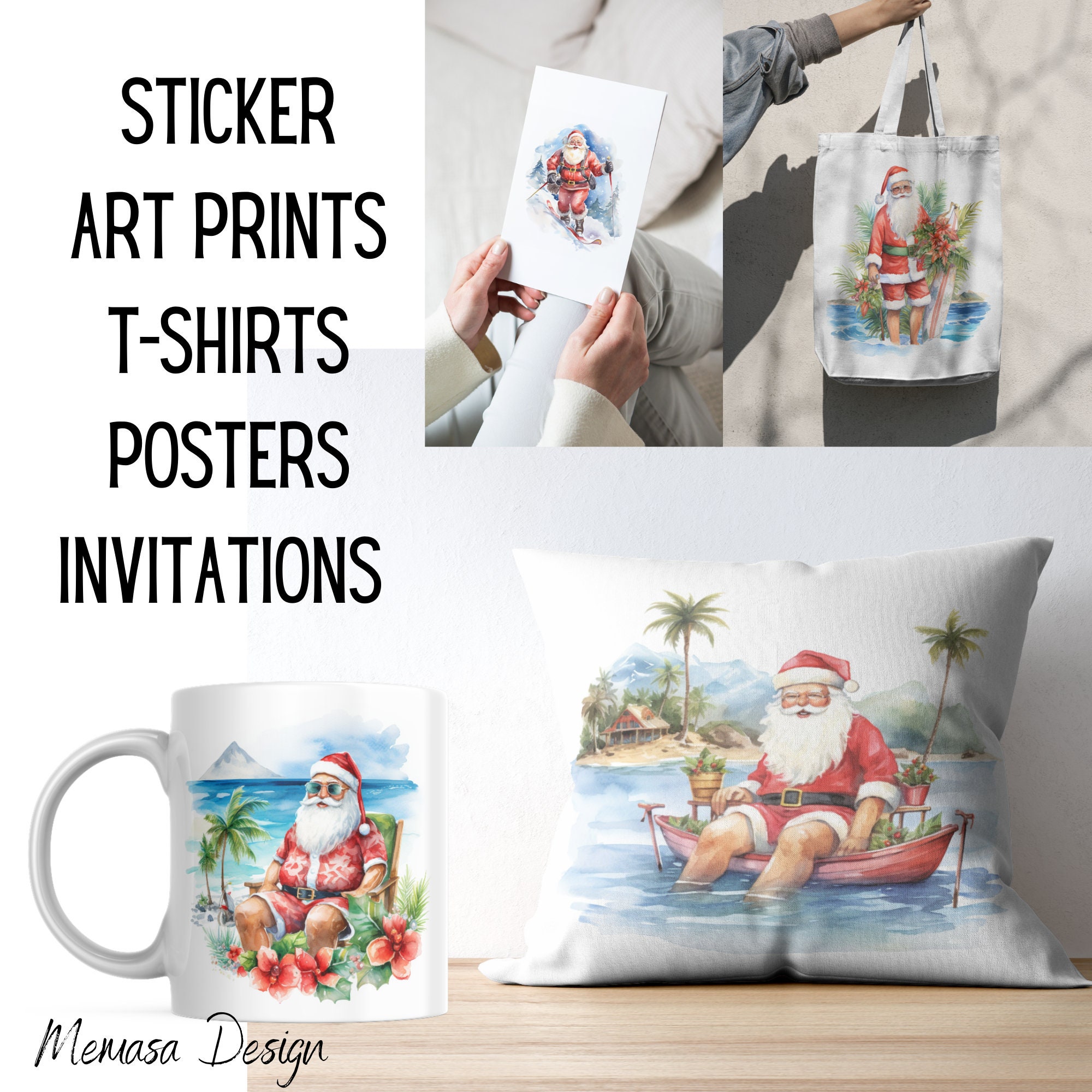 Santa on Vacation Watercolour Clip Art Set Summer Holiday, Xmas ...