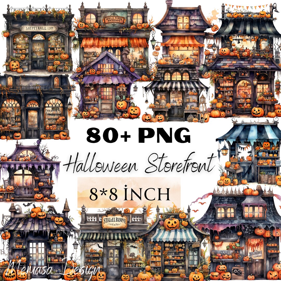 Halloween Storefronts Watercolor Clipart Bundle, PNG Spooky Store ...