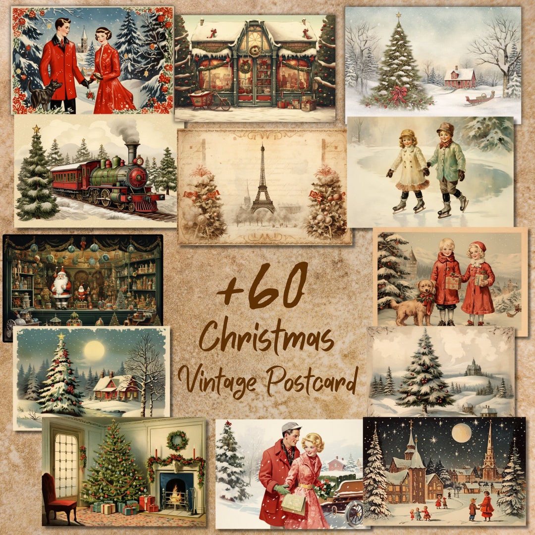 Vintage Christmas Postcards,+60 Printable Winter Postcard Digital ...